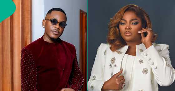 Timini Kneels, Begs Funke Akindele for Prayer Over His New Movie, Reel ...